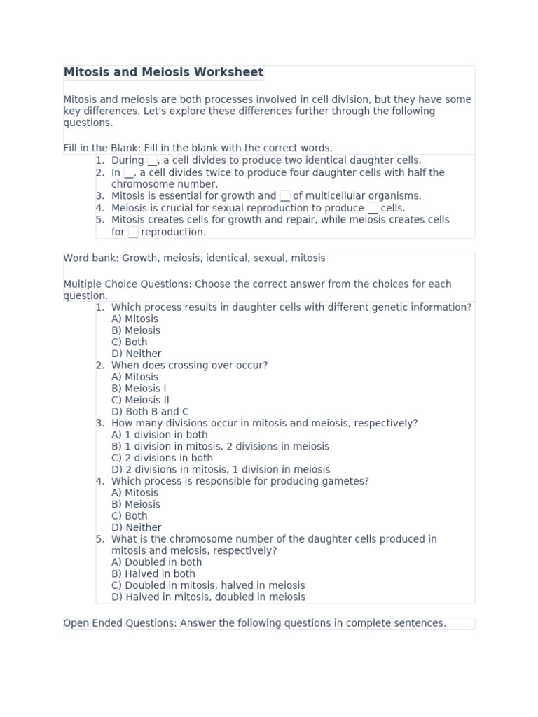 Mitosis and Meiosis Worksheet | PDF | Meiosis | Sexual Reproduction