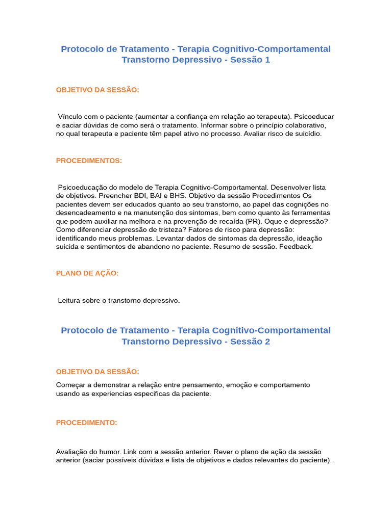 Protocolo de Tratamento Da TCC | PDF | Depressão | Terapia cognitiva comportamental