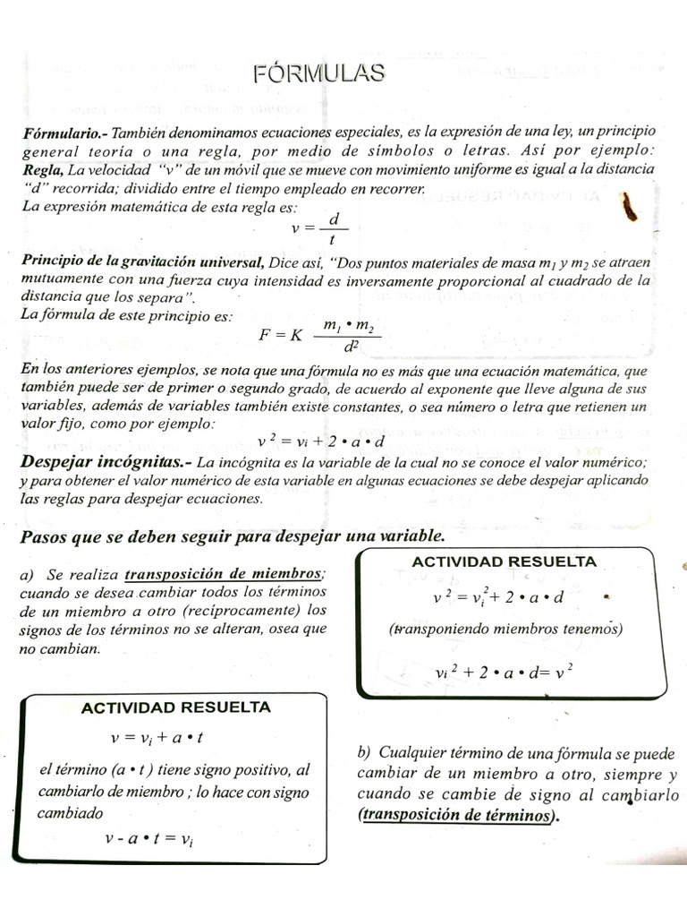 Tema #5 Despejes de Formulas (3ro Sec) | PDF