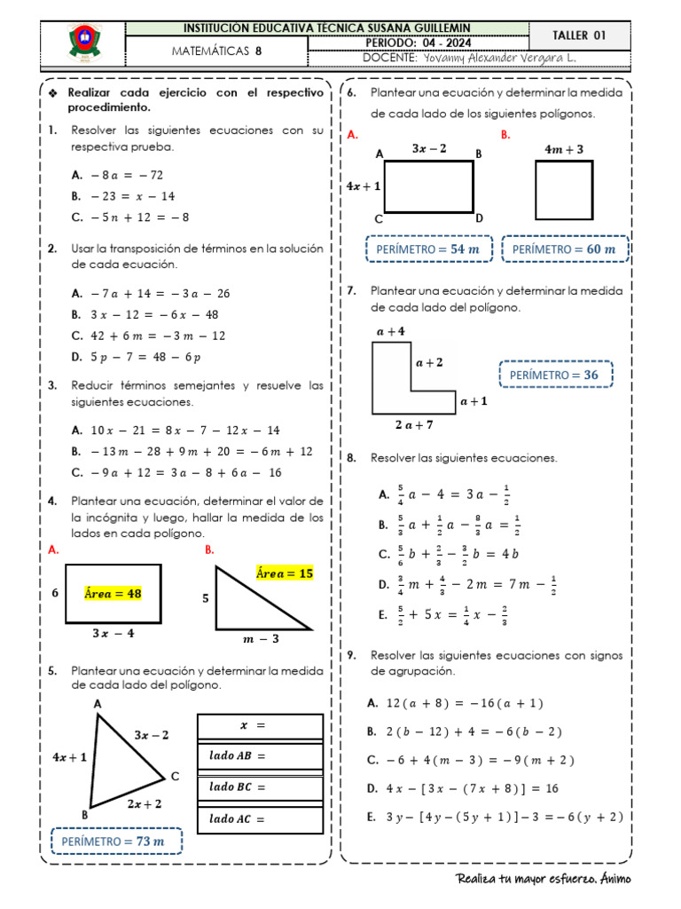 Taller de Ecuaciones Matemáticas 8° | PDF | Ecuaciones | Matemáticas