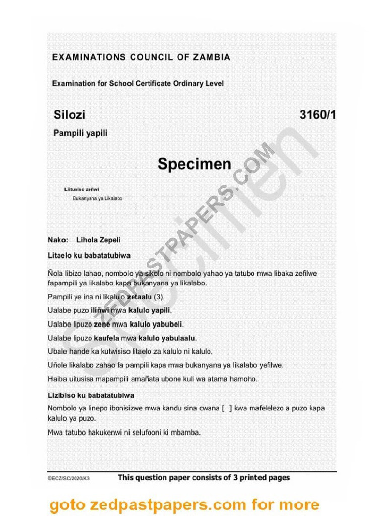 g12 Silozi p1 2020 Specimen | PDF