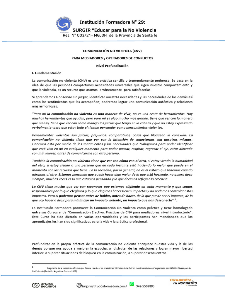 Programa Comunicacion No Violenta para Mediadores y Operadores de Conflictos Profundizacion ...
