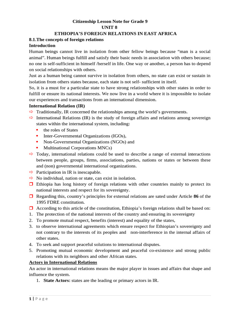 Citizenship Lesson Note For Grade 9 | PDF | Ethiopia | Diplomacy