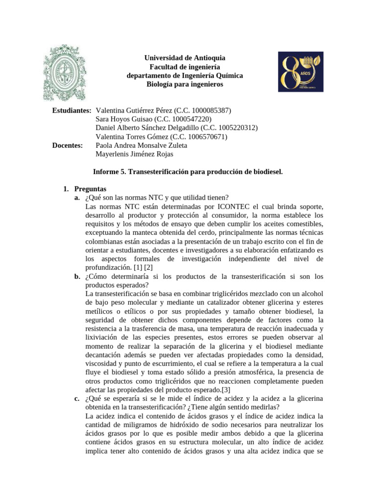 Informe 5 Biologia (Sara) | PDF | Biodiésel | Glicerol