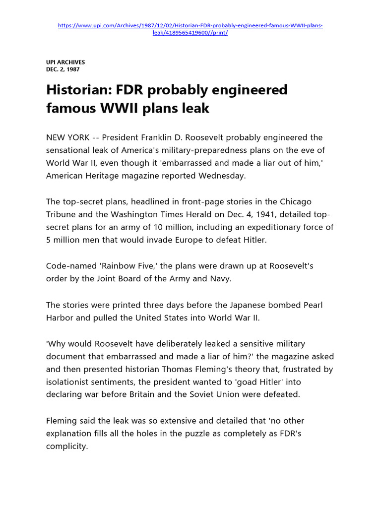Historian - FDR Probably Engineered Famous WWII Plans Leak (Thomas ...