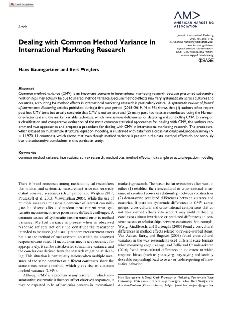 Baumgartner Weijters 2021 Dealing With Common Method Variance in International Marketing ...
