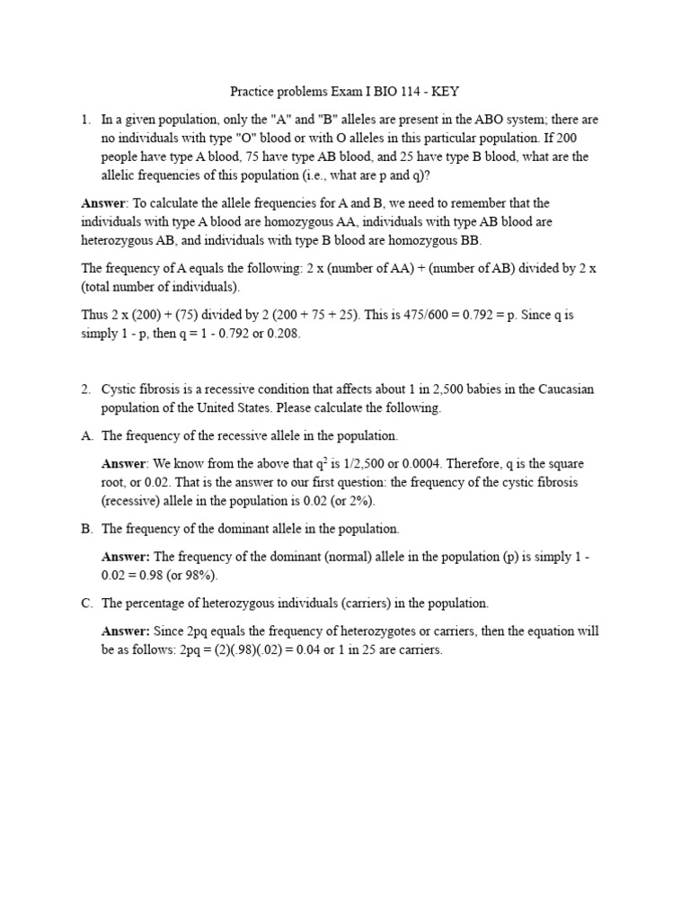 Practice Problems Exam I BIO 114 Key | PDF | Zygosity | Dominance (Genetics)