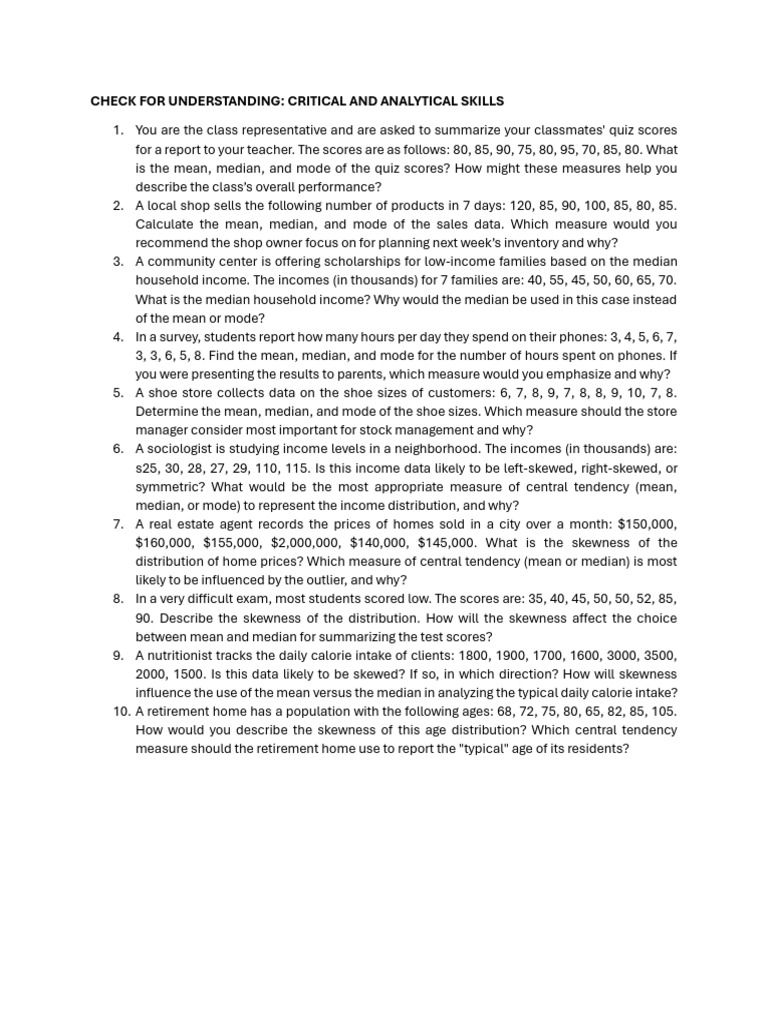 Check For Understanding Act1 Midterm | PDF | Mean | Skewness
