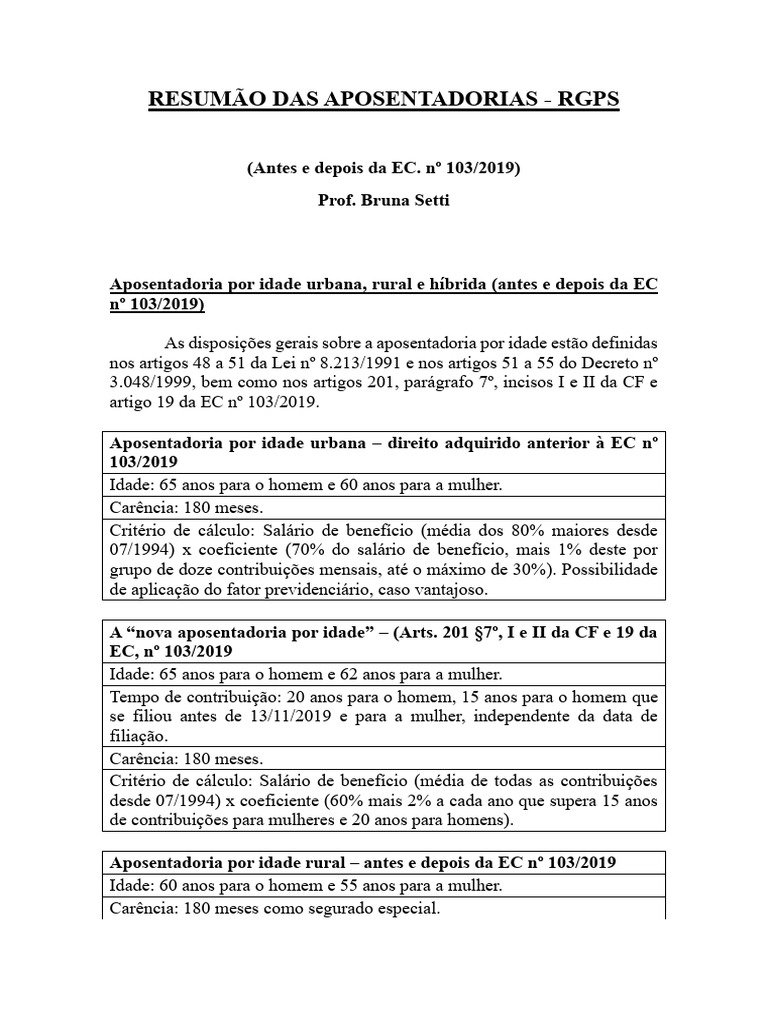 Resumao Das Aposentadorias RGPS | PDF