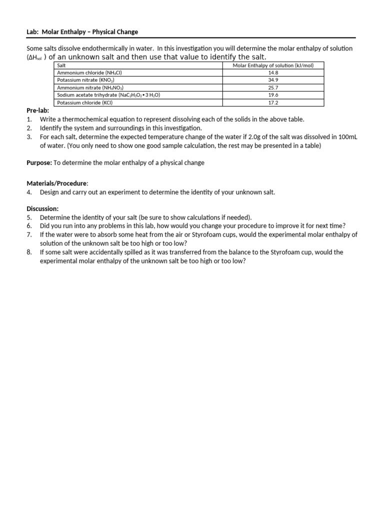 Lab - Molar Enthalpy Physical Change | PDF | Science & Mathematics