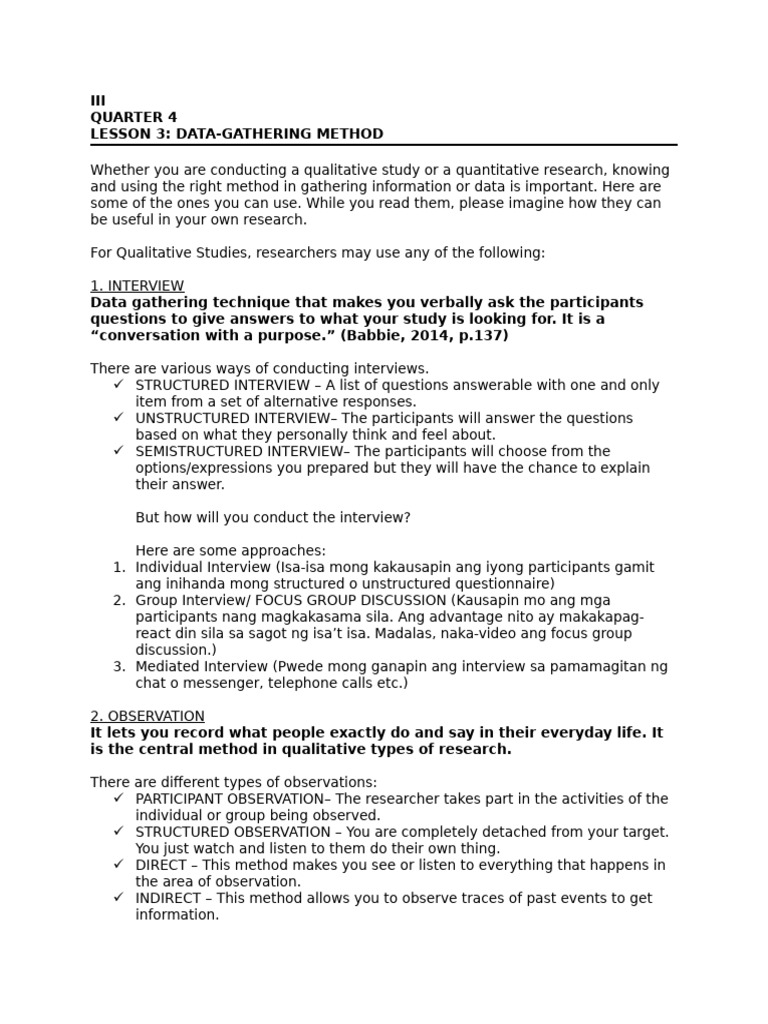 III Handout Data Gathering Method | PDF | Focus Group | Qualitative Research