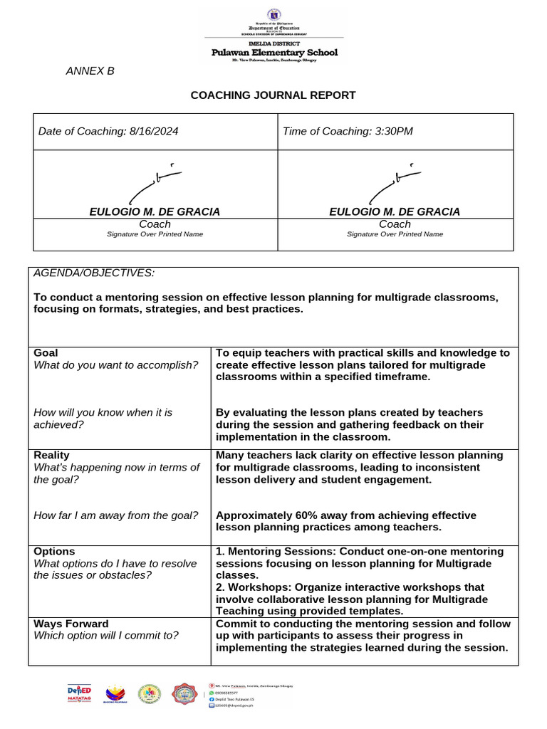 Coaching Journal for Multigrade Teachers | PDF | Mentorship | Teachers