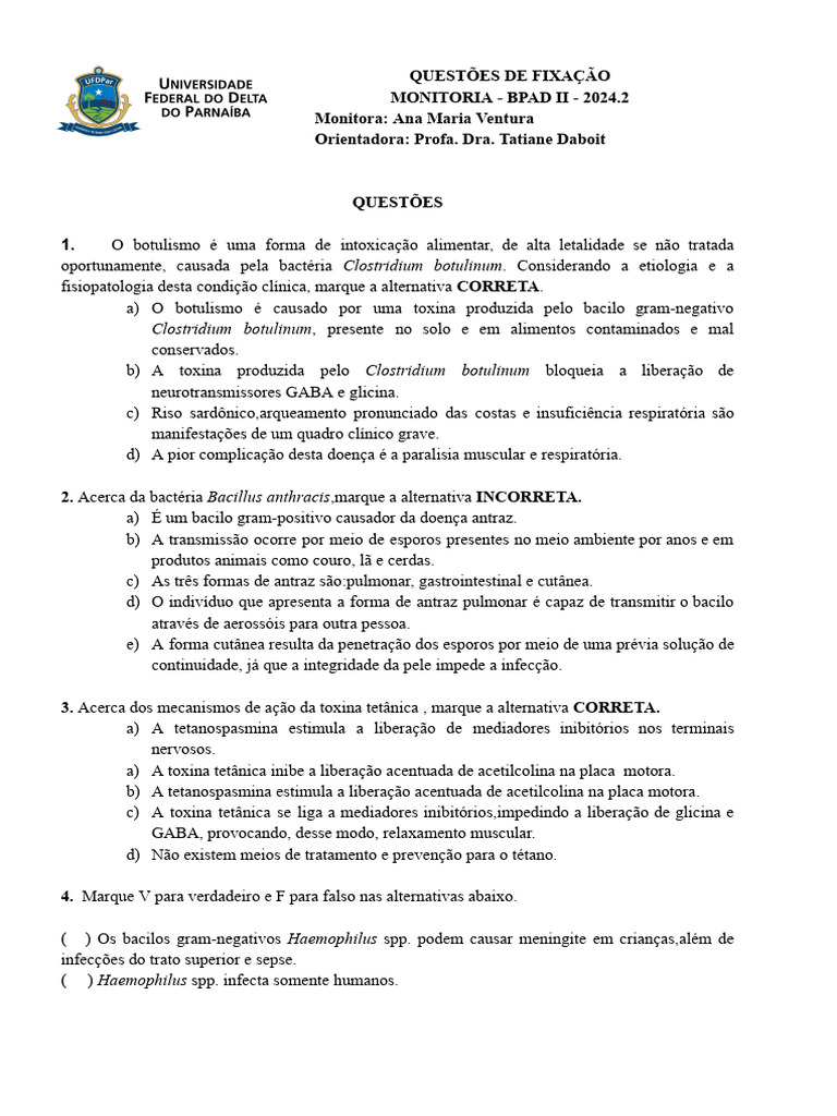 Questões de Fixação BPAD II - Bacilos | PDF | Antraz | Especialidades ...