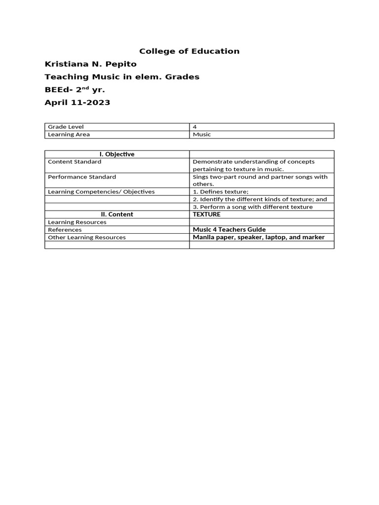 Detailed Lesson Plan in Music | PDF