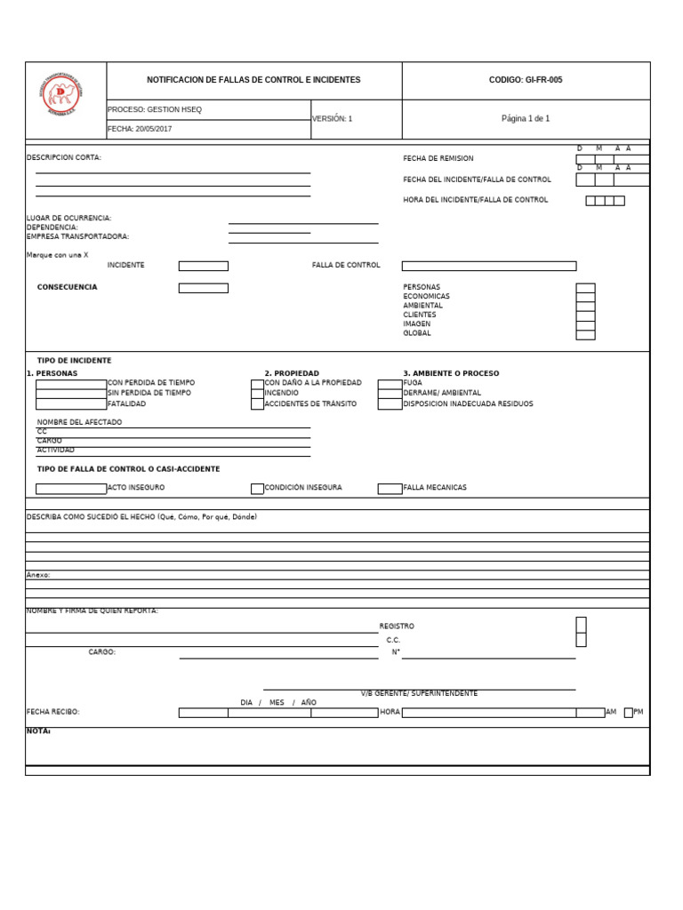 Gi-Fr-005 Notificación de Incidentes y Fallas de Control | PDF
