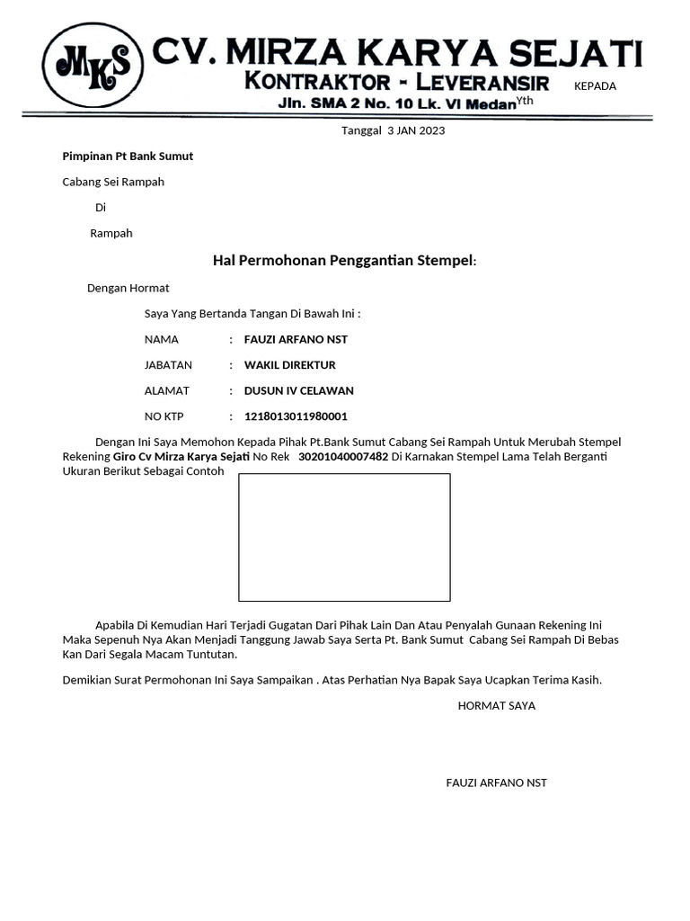 Kop Surat CV. MIRZA KARYA SEJATI | PDF
