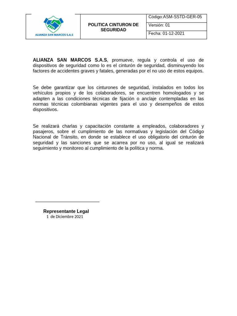 D-Ger-005 Politica Cinturon de Seguridad | PDF