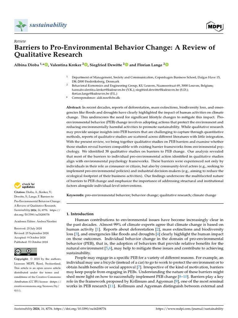 Barriers To Pro-Environmental Behavior Change A Re | PDF | Systematic ...