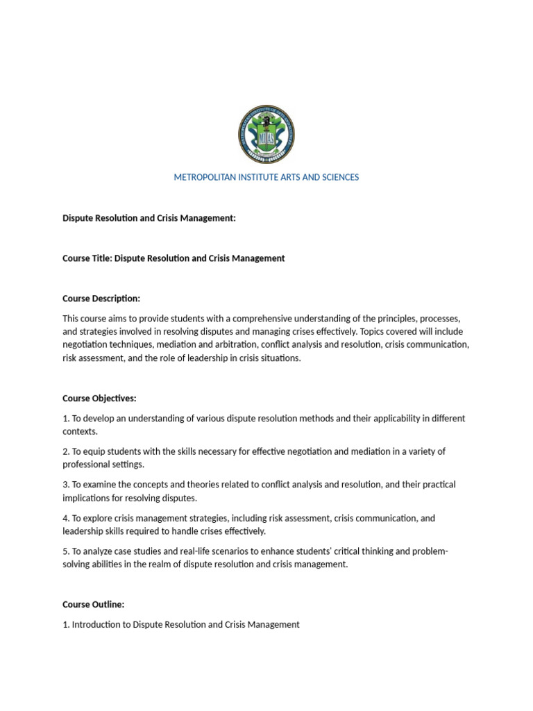 Syllabus Dispute Resolution | PDF | Mediation | Negotiation