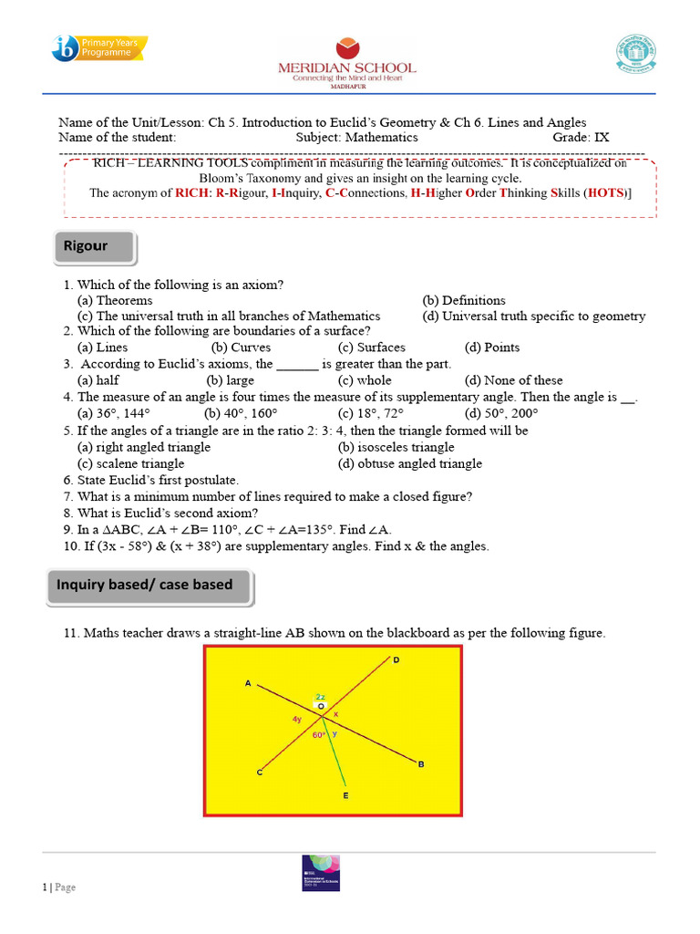 Grade 9 - CH 5. Introduction To Euclids Geometry & 6. Lines and Angles - RLT (24-25) | PDF ...
