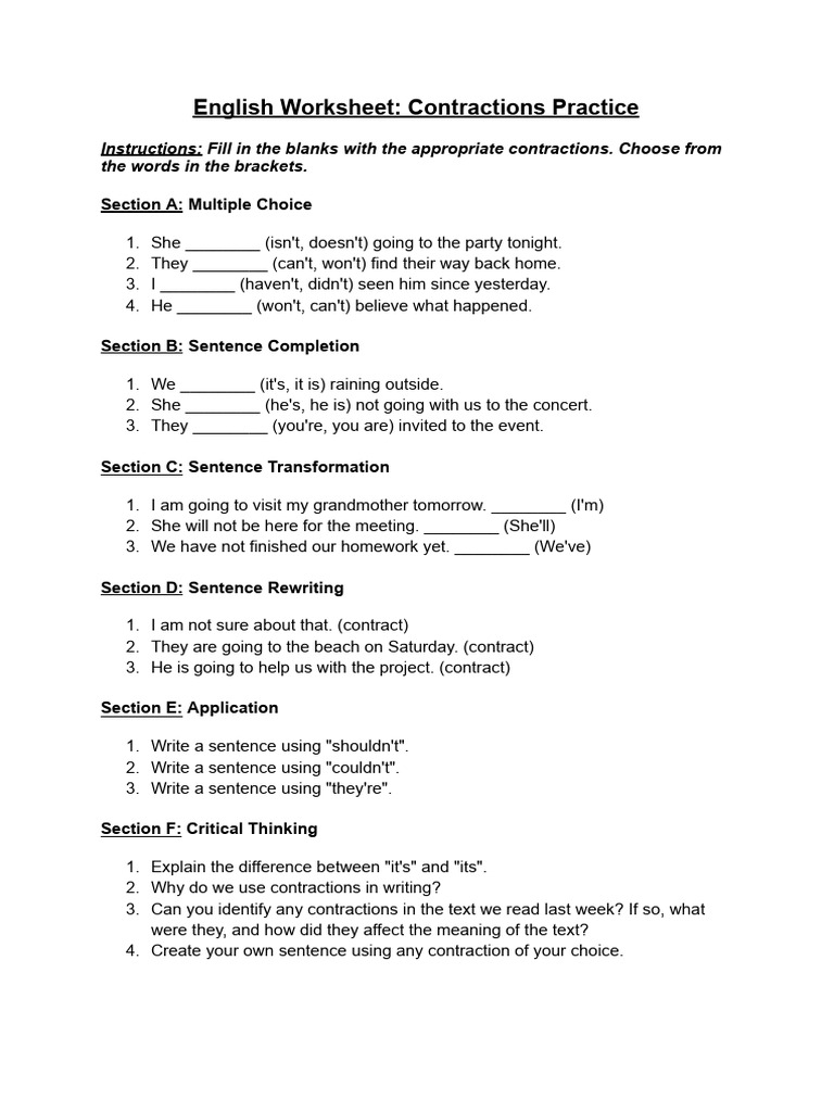 Contractions Worksheet | PDF | Language Arts & Discipline | Foreign ...
