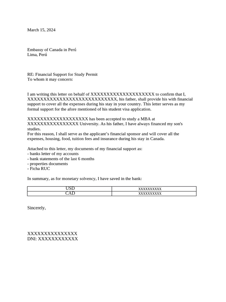 CARTA FINANCIAL SUPPORT FATHER en Ingles | PDF