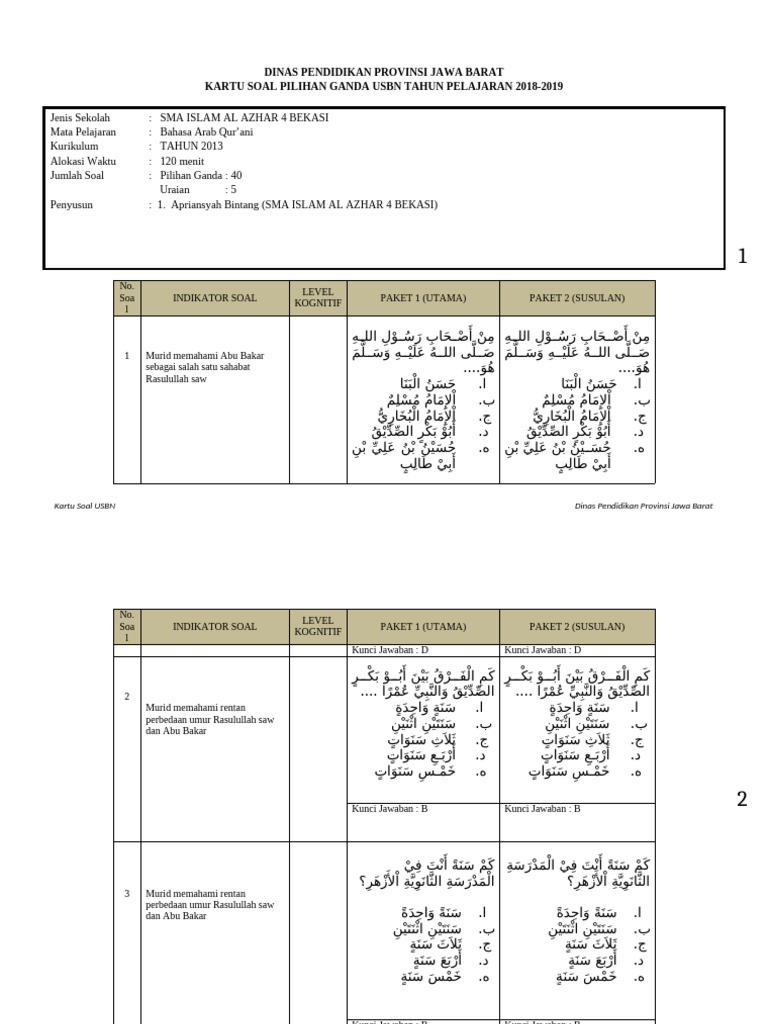 Kartu Soal Usbn 1819 | PDF