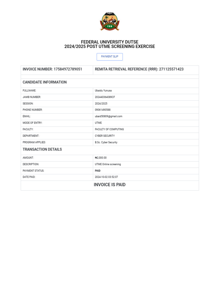 Federal University Dutse 2024/2025 Post Utme Screening Exercise | PDF