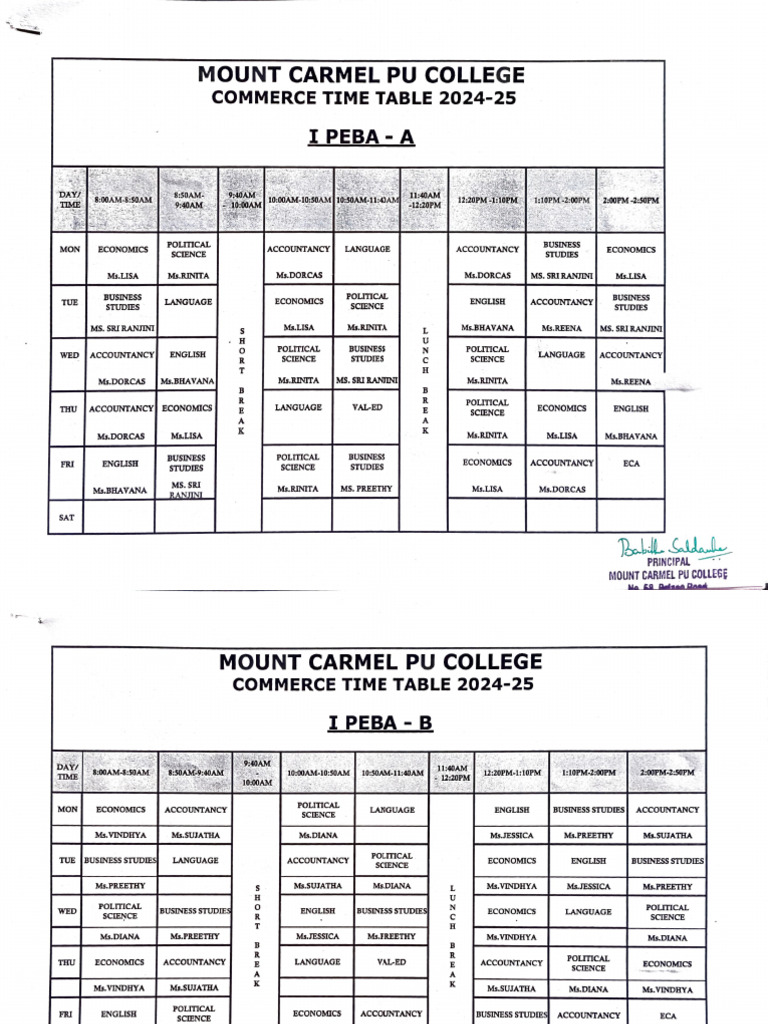 Mount Carmel PU College Commerce Timetable 2024-25 | PDF