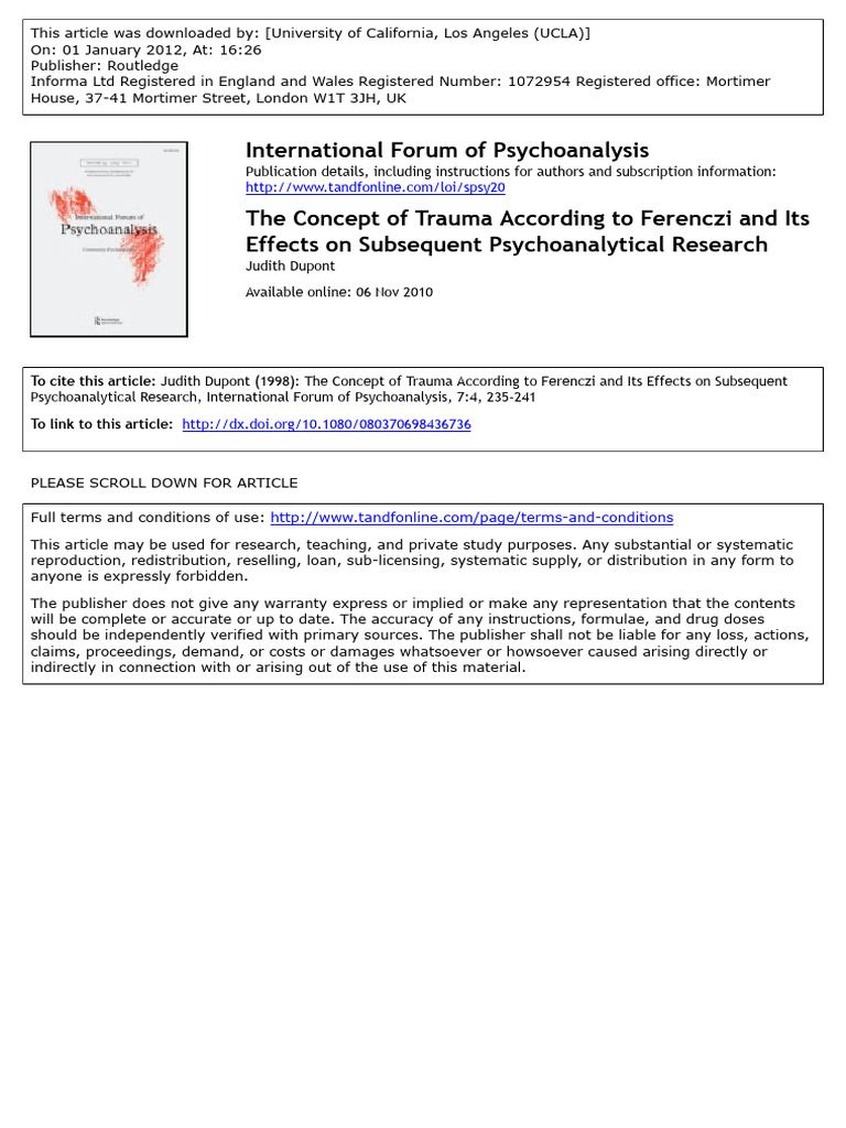 Ferenczi's Trauma Concept in Psychoanalysis | PDF | Psychoanalysis ...