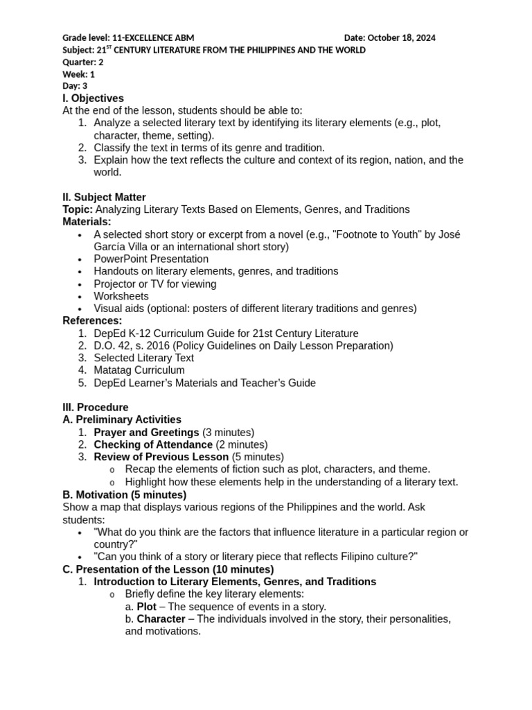 21st century literature QUARTER 2 WEEK 1 DAY 3 | PDF | Genre | Learning