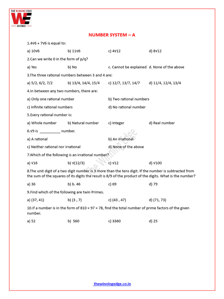 Number System Questions and Answers | PDF | Rational Number | Numbers