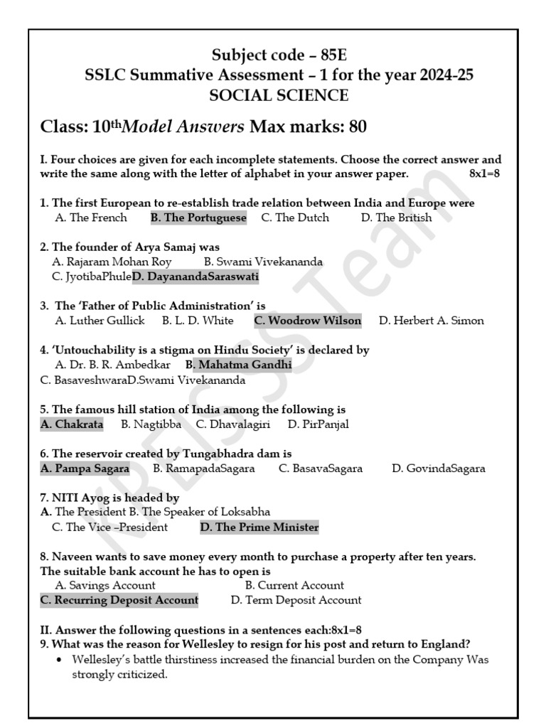 SSLC Social Science SA1 Model Paper 2024-25 | PDF | Banks | Transgender