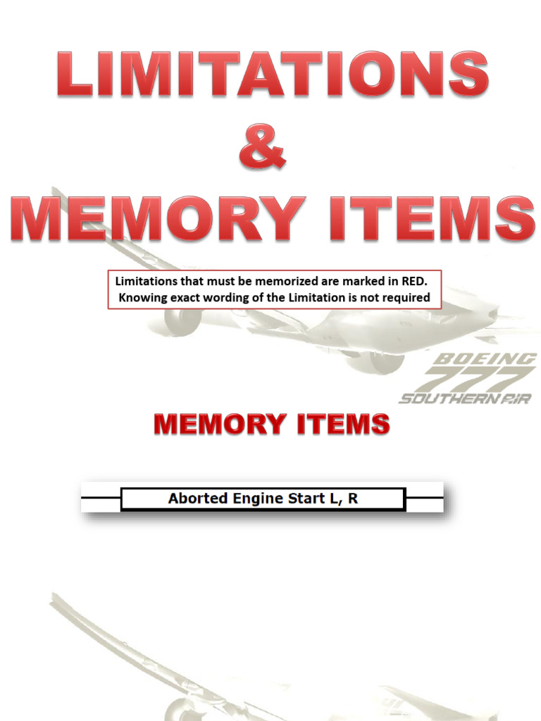 777 Limitations and Memory Items2 | PDF | Aviation | Aircraft