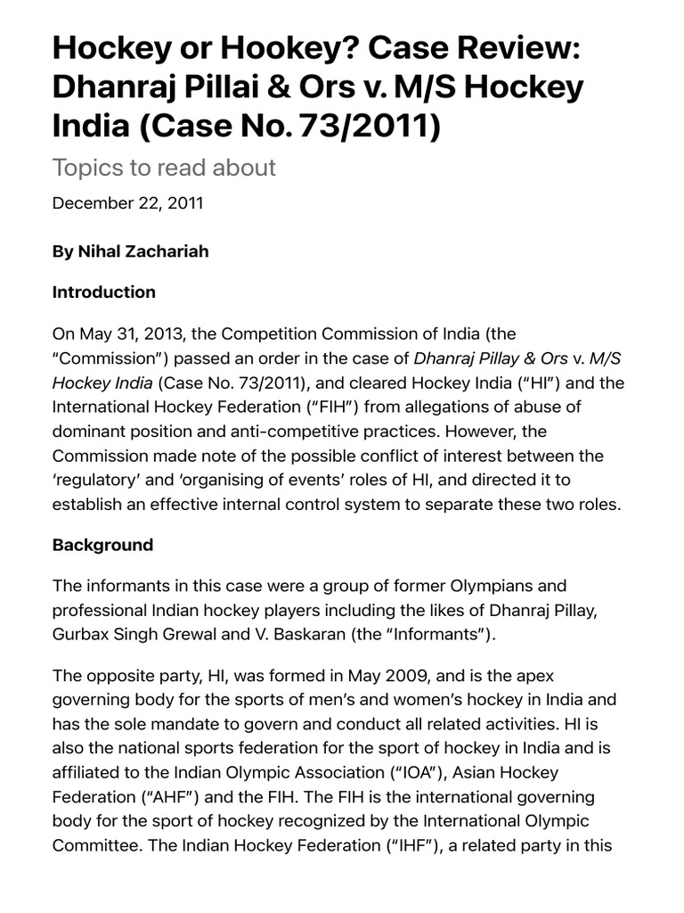 Dhanraj Pillai & Ors v. M:S Hockey India (Case No. 73:2011) - SLPC Blog | PDF