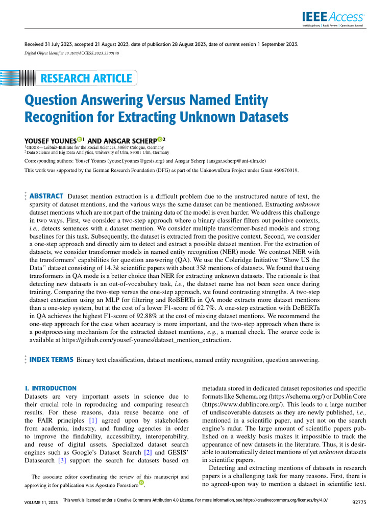 Question Answering Versus Named Entity Recognition For Extracting Unknown Datasets | PDF ...