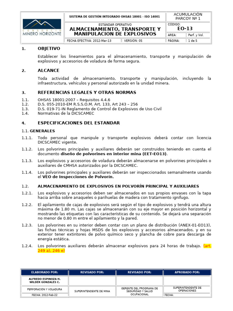 Procedimiento de Almacenamiento, Transporte y Manipulación de Explosivos | PDF