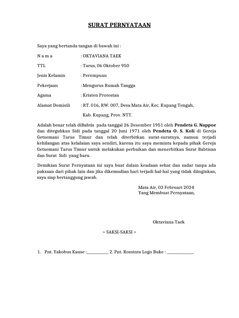 Surat Pernyataan Penggantian Surat Babtis, Surat Sidi | PDF