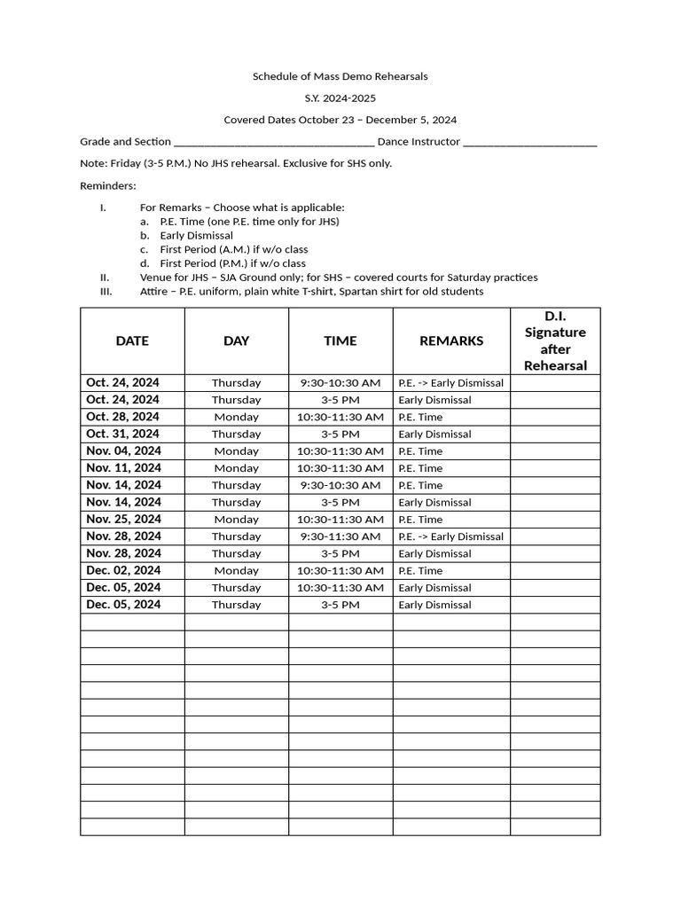Schedule of Mass Demo Rehearsals | PDF