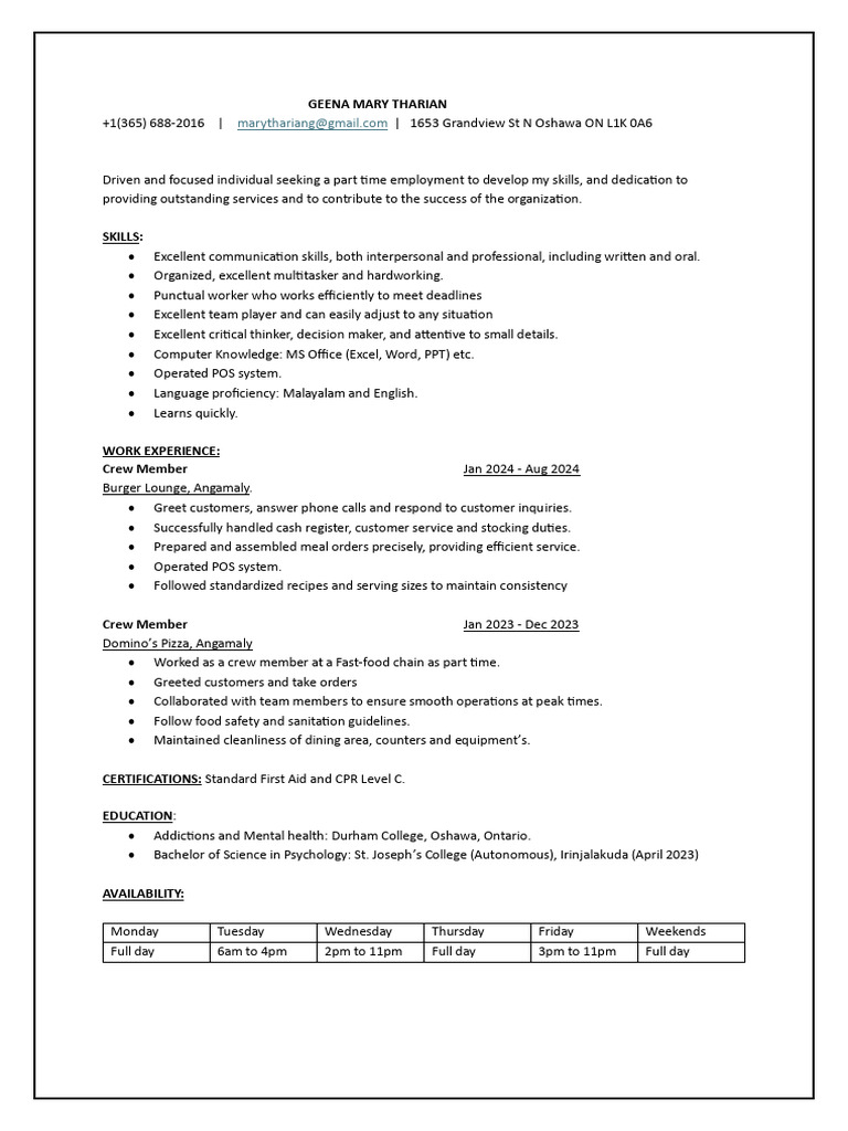 Crew Member Resume | PDF | Career & Growth