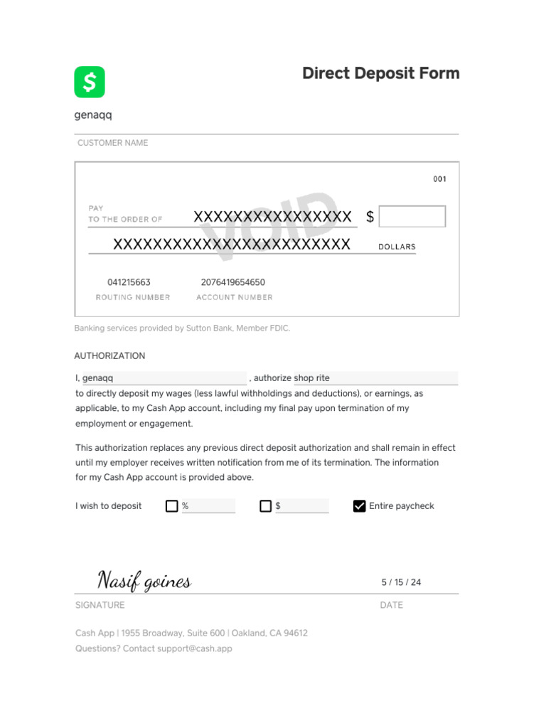 Direct Deposit Form 975zdjx10crgl9z23ucden3e4 | PDF | Business