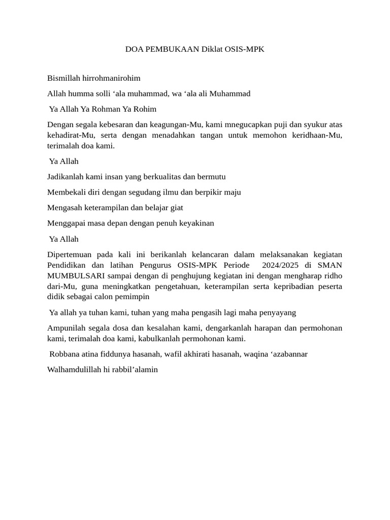 DOA PEMBUKAAN Diklat OSIS | PDF | Karier & Perkembangan | Pengembangan Diri