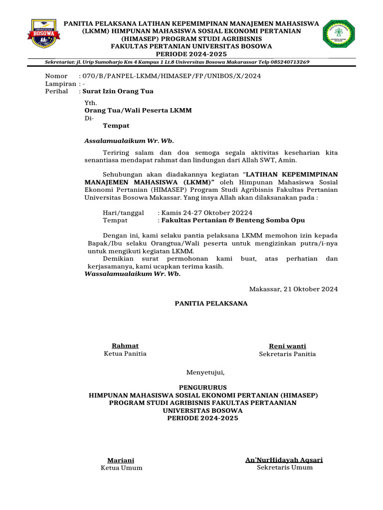 Izin Orang Tua untuk LKMM HIMASEP 2024 | PDF | Ilmu Sosial