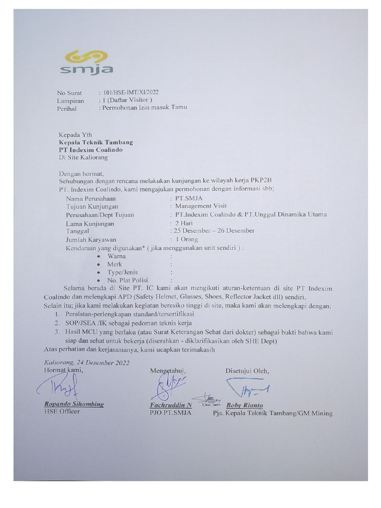 Permohonan Izin Masuk Tamu PT SMJA - Signed | PDF