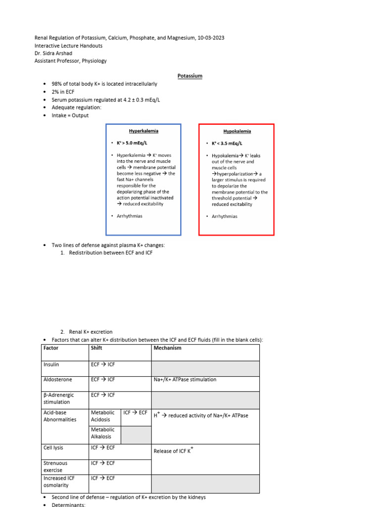 Renal Regulation of K J CA J PO J and MG | PDF | Calcium In Biology ...