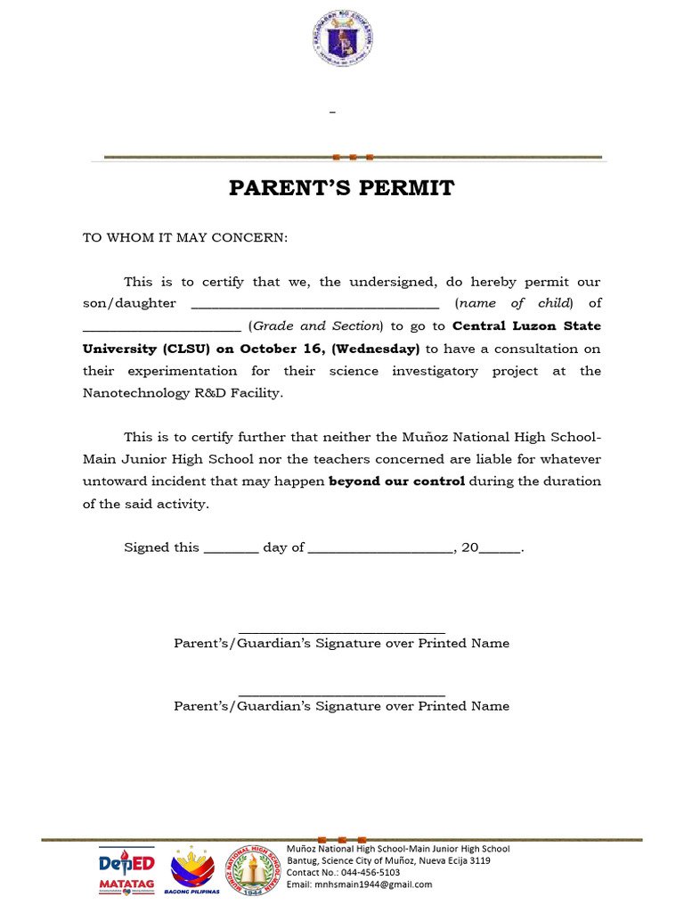 Parent's Permit for Student Visit to CLSU | PDF