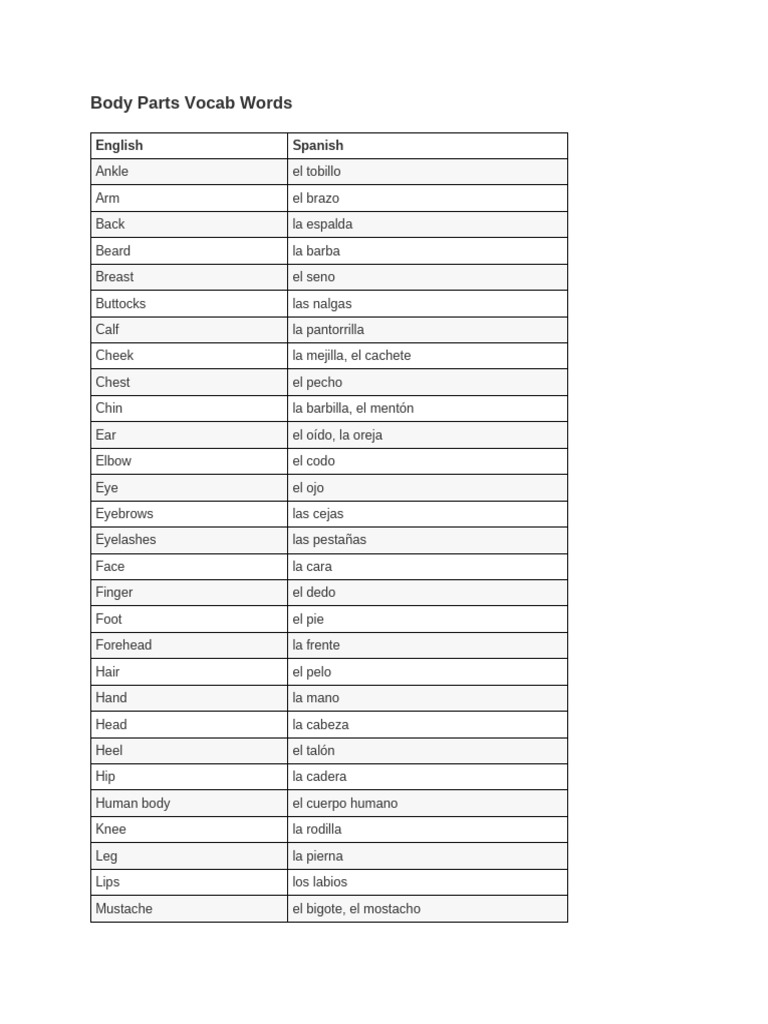 Body Parts Vocab Words | PDF | Anatomía humana | Sistema musculoesquelético