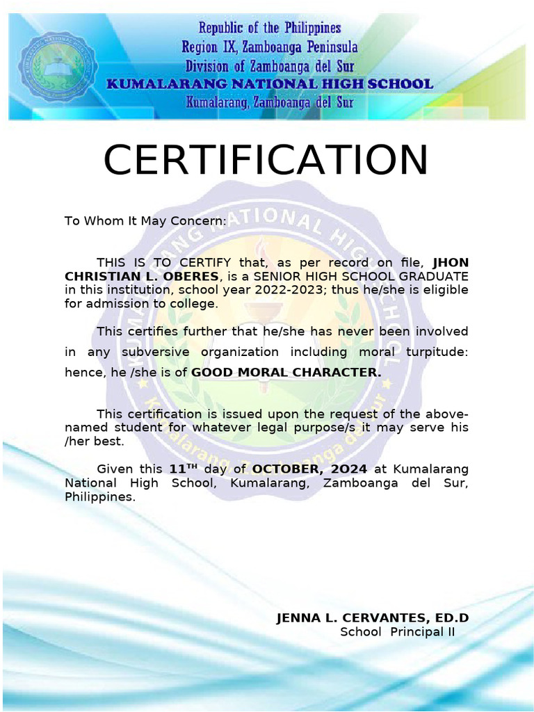 Certification of High School Graduation | PDF
