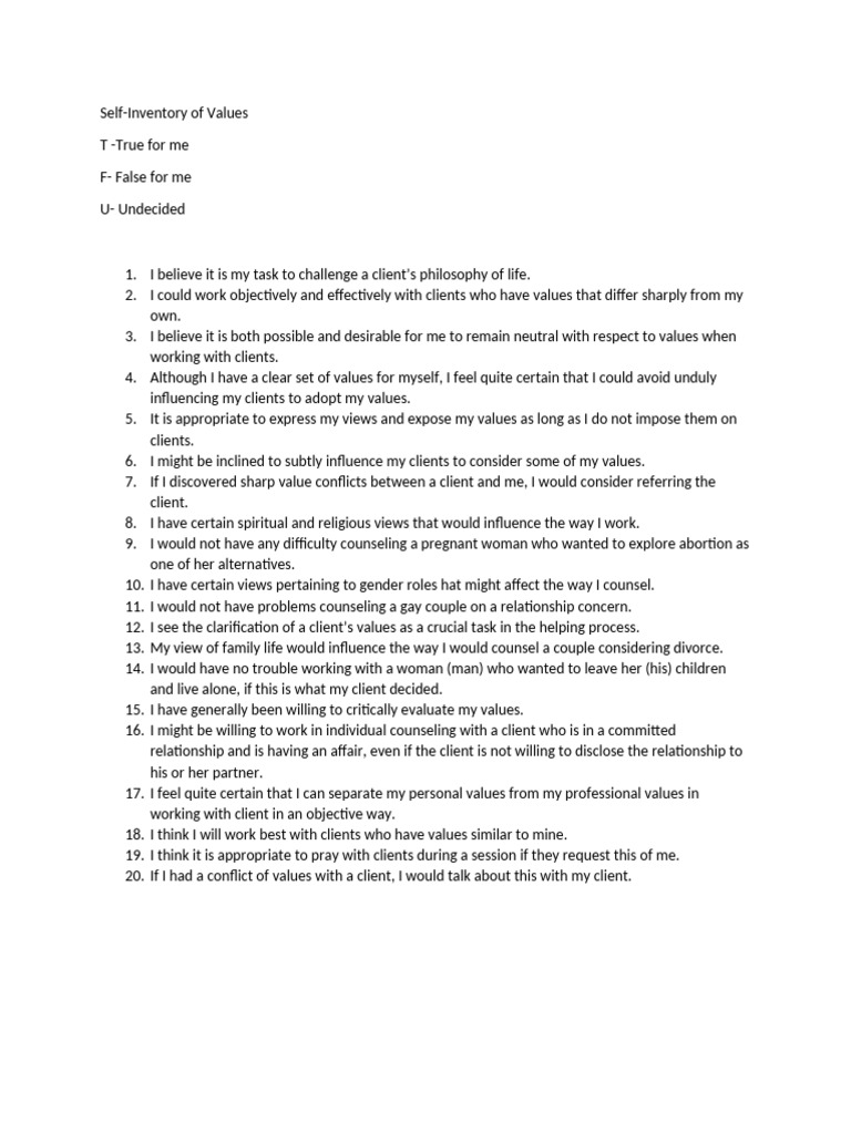 Self-Inventory of Personal Values | PDF