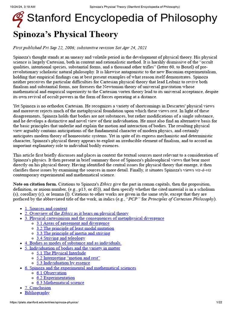 Spinoza's Physical Theory (Stanford Encyclopedia of Philosophy) | PDF ...